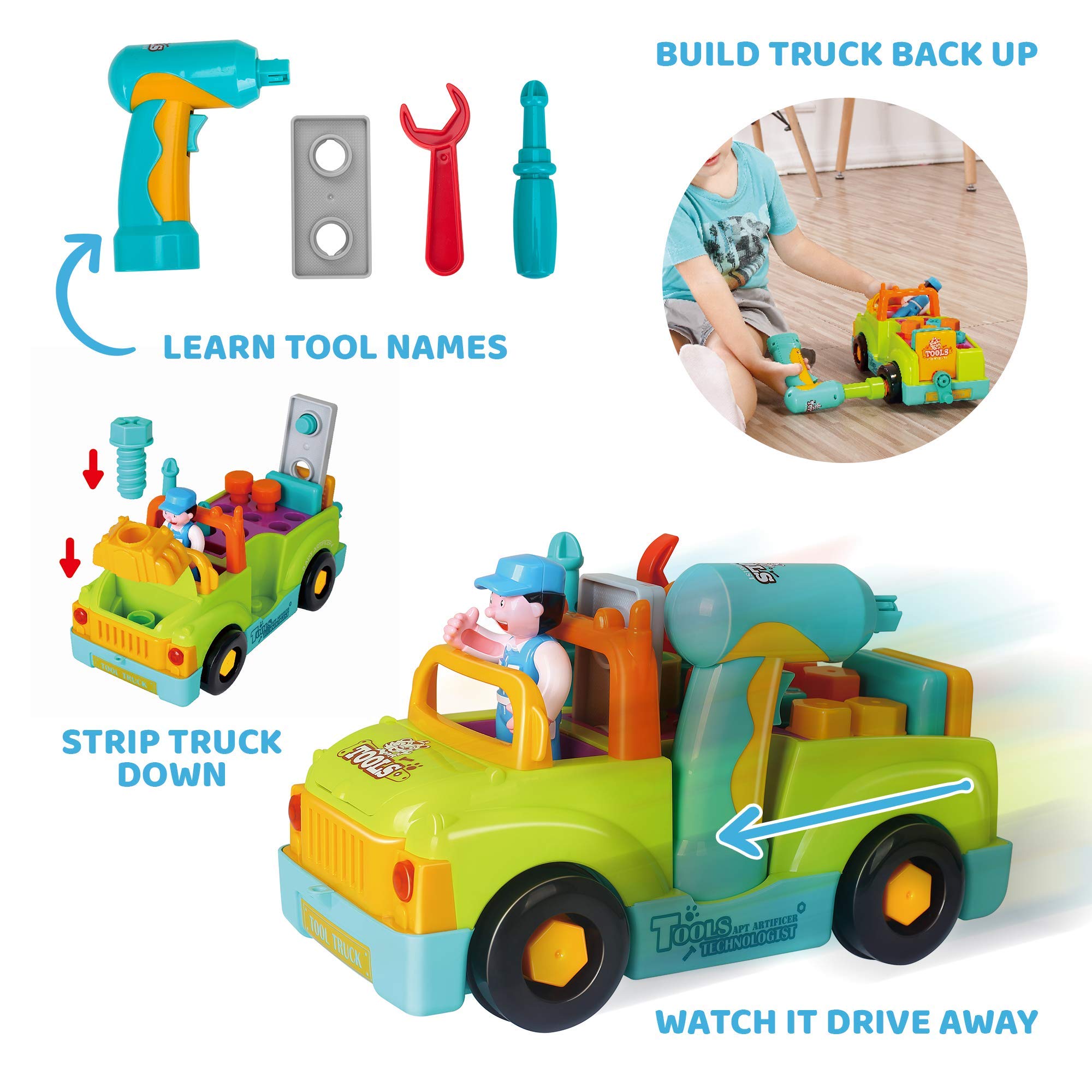 Little Mechanic Take Apart Truck - Stem Toys Construction Tool Truck w/Electric Drill and Power Tools, Lights and Music - Bump and Go Action - Developmental Toys for 36+ Months Year Old Boys Girls