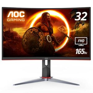 aoc c32g2 32" curved frameless gaming monitor fhd, 1500r curved va, 1ms, 165hz, freesync, height adjustable, 3-year zero dead pixel policy, black