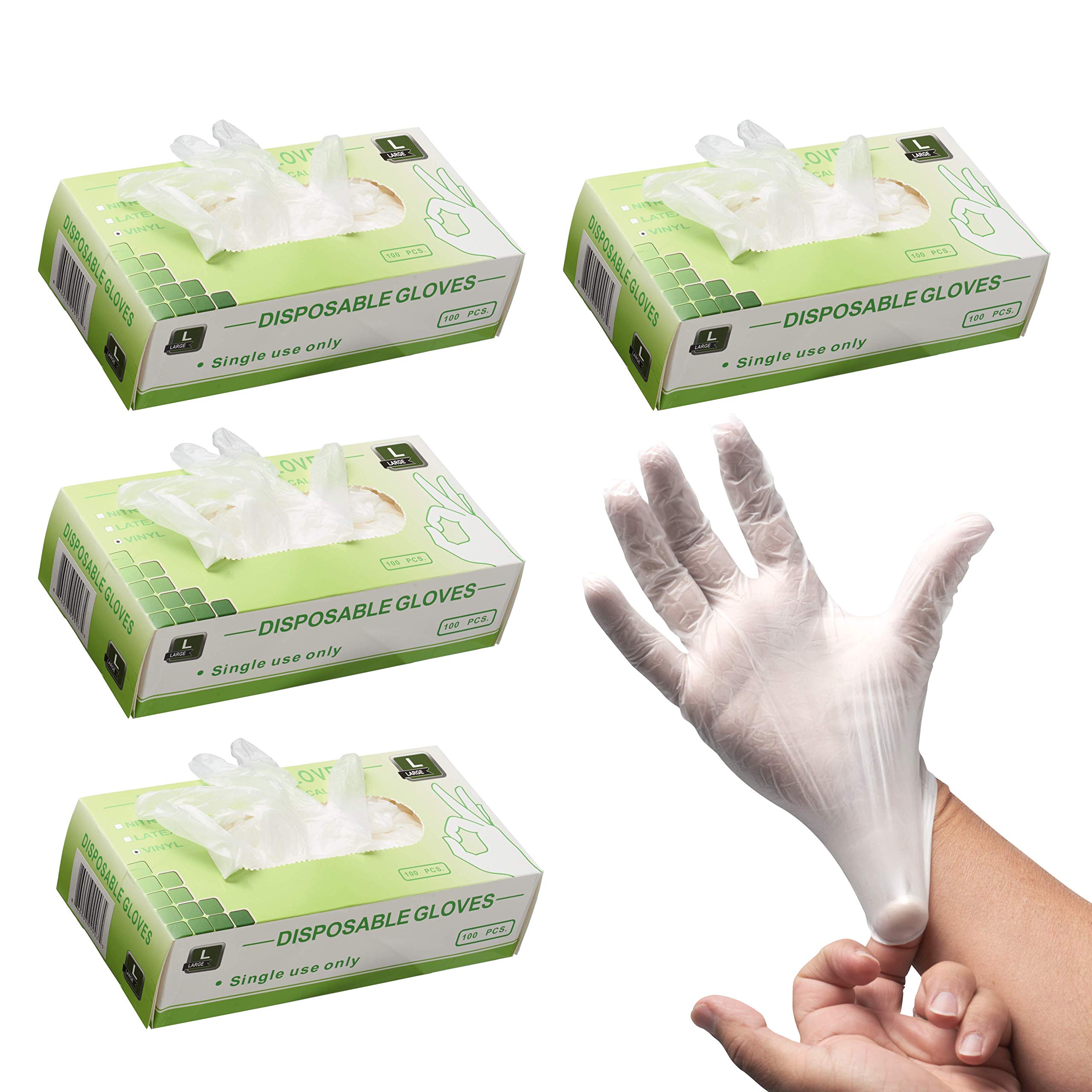 DISCOUNT PROMOS Non Powder Vinyl Gloves Set of 4, Bulk Pack - Each Box has 100 Disposable Gloves, For Cooking, Cleaning, Travelling, and Diaper Changing - Transparent White