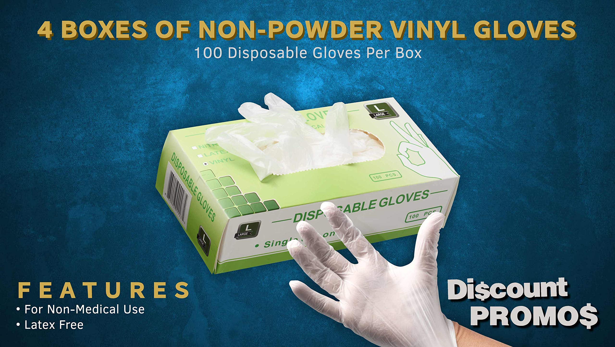 DISCOUNT PROMOS Non Powder Vinyl Gloves Set of 4, Bulk Pack - Each Box has 100 Disposable Gloves, For Cooking, Cleaning, Travelling, and Diaper Changing - Transparent White