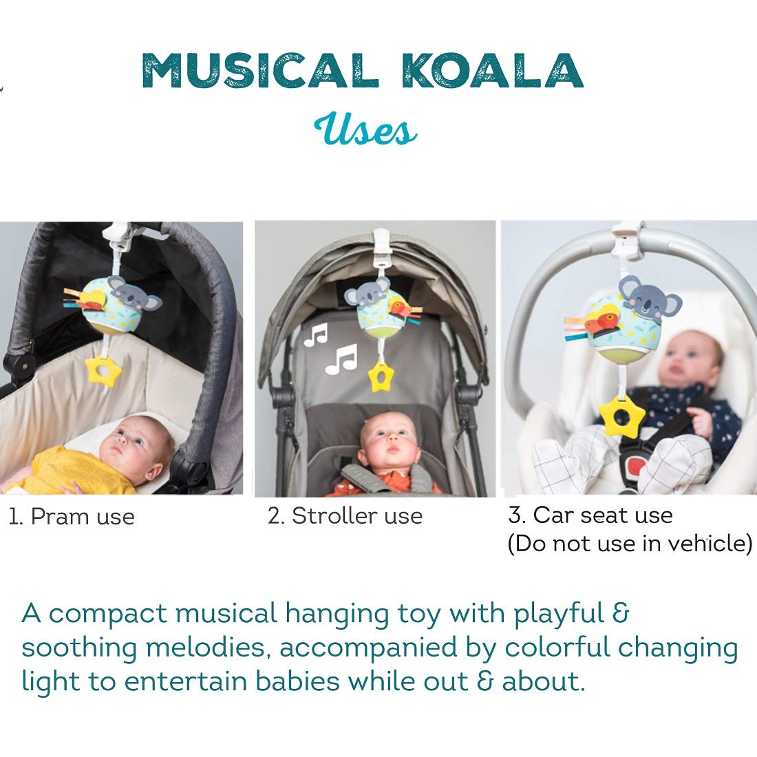 Taf Toys Musical Koala, On-The-Go Pull Down Hanging Music and Lights Infant Toy | Parent and Baby’s Travel Companion, Soothe Baby, Keeps Baby Relaxed While Strolling, for Newborns and Up