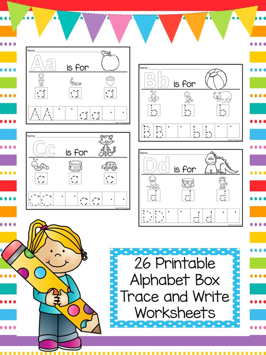 26 Printable Alphabet Phonics Box Trace and Write Worksheets