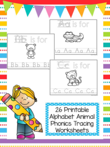 26 printable alphabet animal phonics tracing worksheets