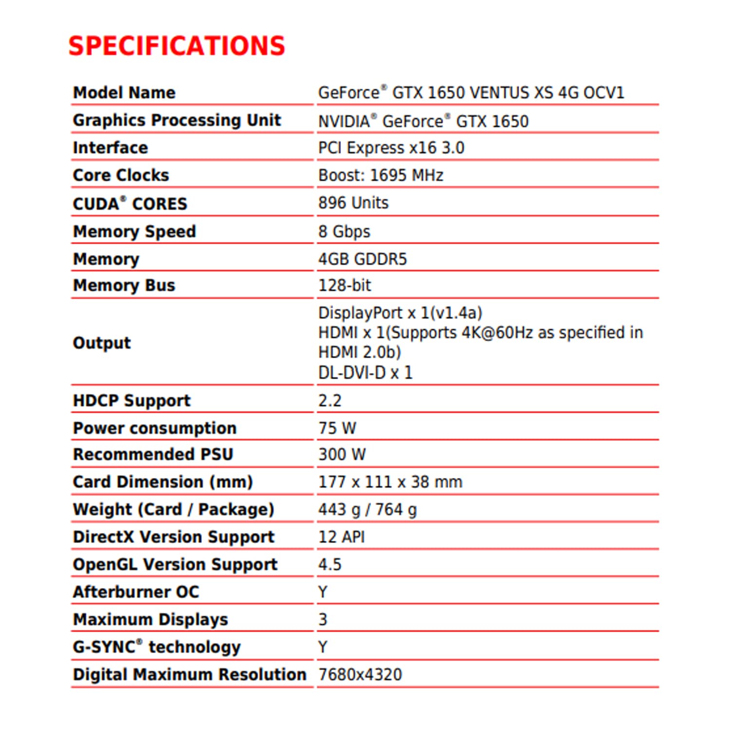 MSI GTX1650 Ventus XS 4G OCV1