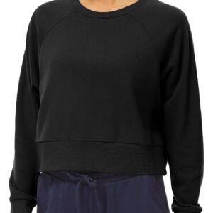 icyzone Cropped Crewneck Sweatshirt for Women, Casual Long Sleeve Pullover Tops for Spring Fall Winter (Medium, Black)