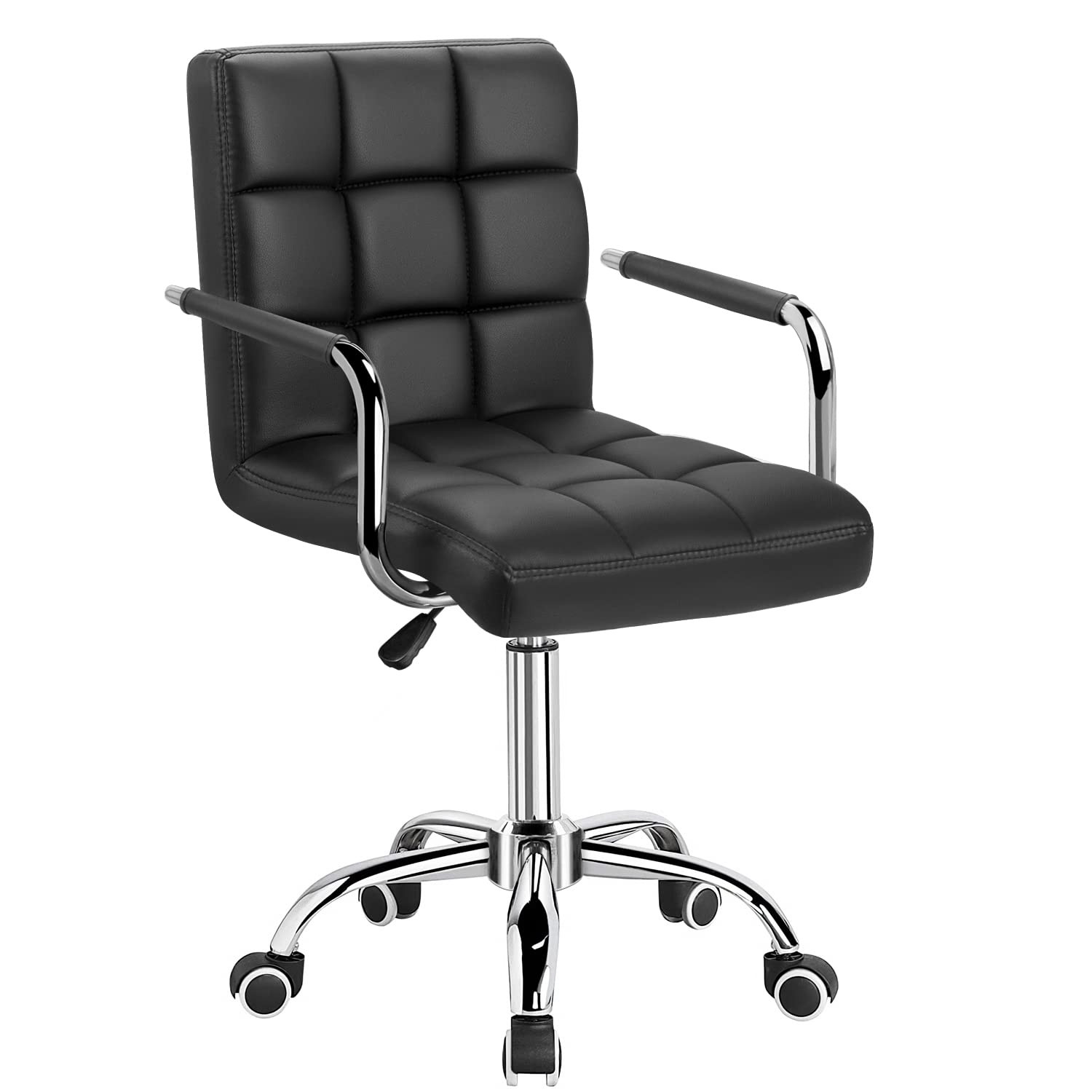 Furmax Mid-Back Office Task Chair Ribbed PU Leather Executive Chair Modern Adjustable Home Desk Chair Retro Comfortable Work Chair 360 Degree Swivel with Arms (Black)