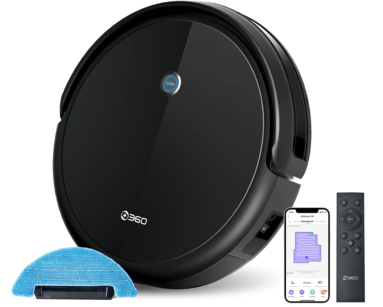 + 360 C50 Robot Vacuum and Mop, 2600 Pa, Zigzag Cleaning, Scheduled Cleaning, Edge, Spot, Deep Cleaning, Compatible with Alexa and Google Assistant, Black