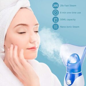 Face Steamer for Facial Deep Cleaning, Facial Steamer for Women, 2 Modes Nano Ionic Facial Steamer for Unclogs Pores, Hydrating, Blue(Include Blackhead Remover Kit, Brush, Headband)