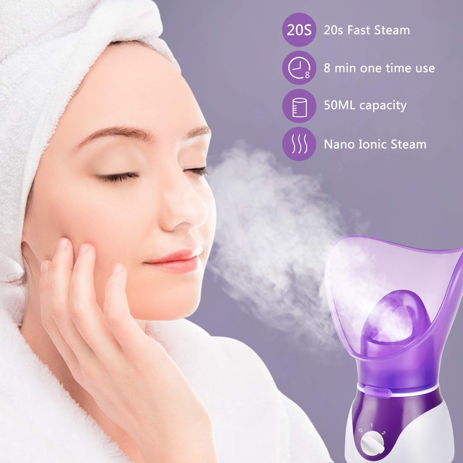 Facial Steamer for Face, Face Steamer for Facial Deep Cleaning, Nano Ionic Facial Steamer for Unclogs Pores, Hydrating (Purple, Include Blackhead Remover Kit, Brush, Headband)