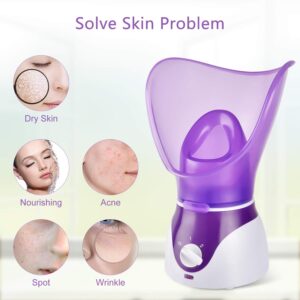 Facial Steamer for Face, Face Steamer for Facial Deep Cleaning, Nano Ionic Facial Steamer for Unclogs Pores, Hydrating (Purple, Include Blackhead Remover Kit, Brush, Headband)