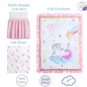 Little Grape Land 3 Piece Baby Crib Bedding Set, Unicorn Standard Size Crib Set, Nursery Baby Bedding for Girls, Crib Sheet, Comforter, Crib Skirt, 52" x 28", Pink Gold