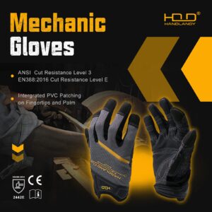 HANDLANDY Mens Work Gloves Cut Resistant Level 3 Mechanics Gloves, Tear & Abrasion Resistant Safety Gloves for Work (Large)