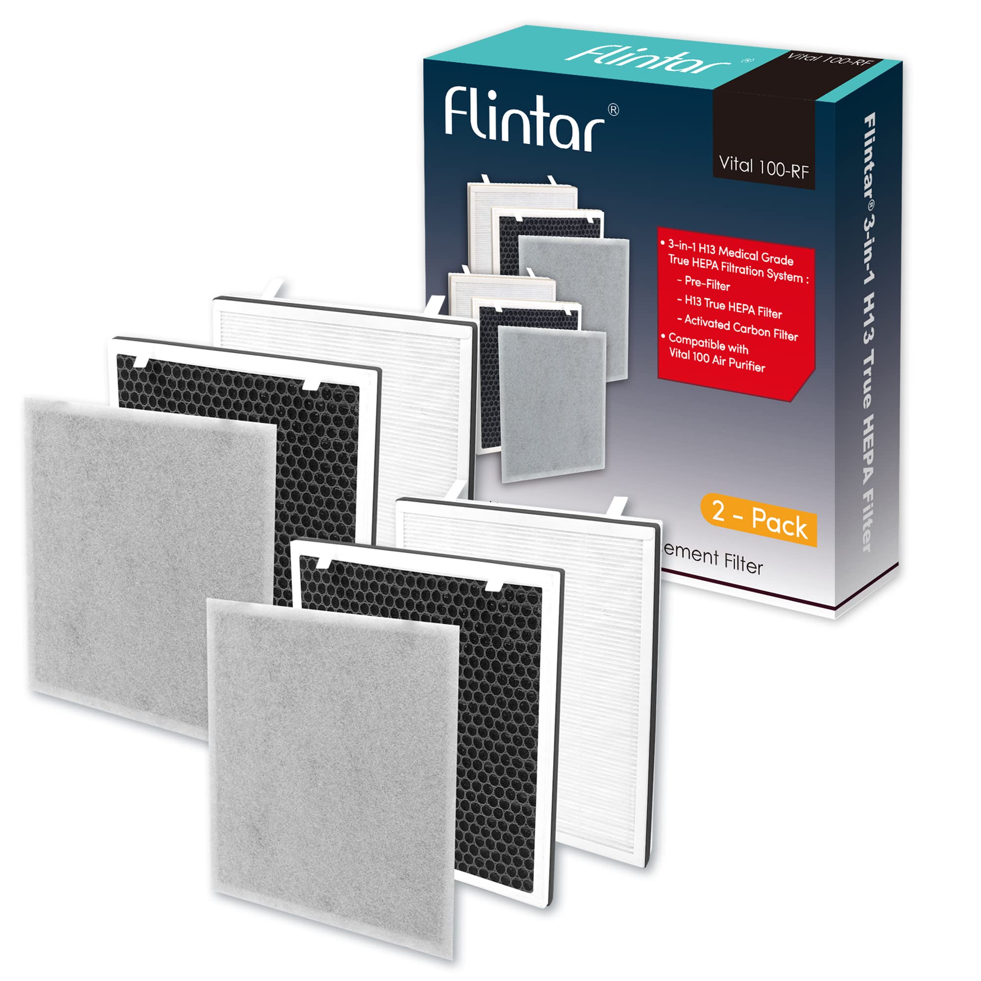 Flintar 2-Pack of Vital 100 H13 Grade True HEPA Replacement Filter, Compatible with Vital 100 Air Purifier, Part Number Vital 100-RF