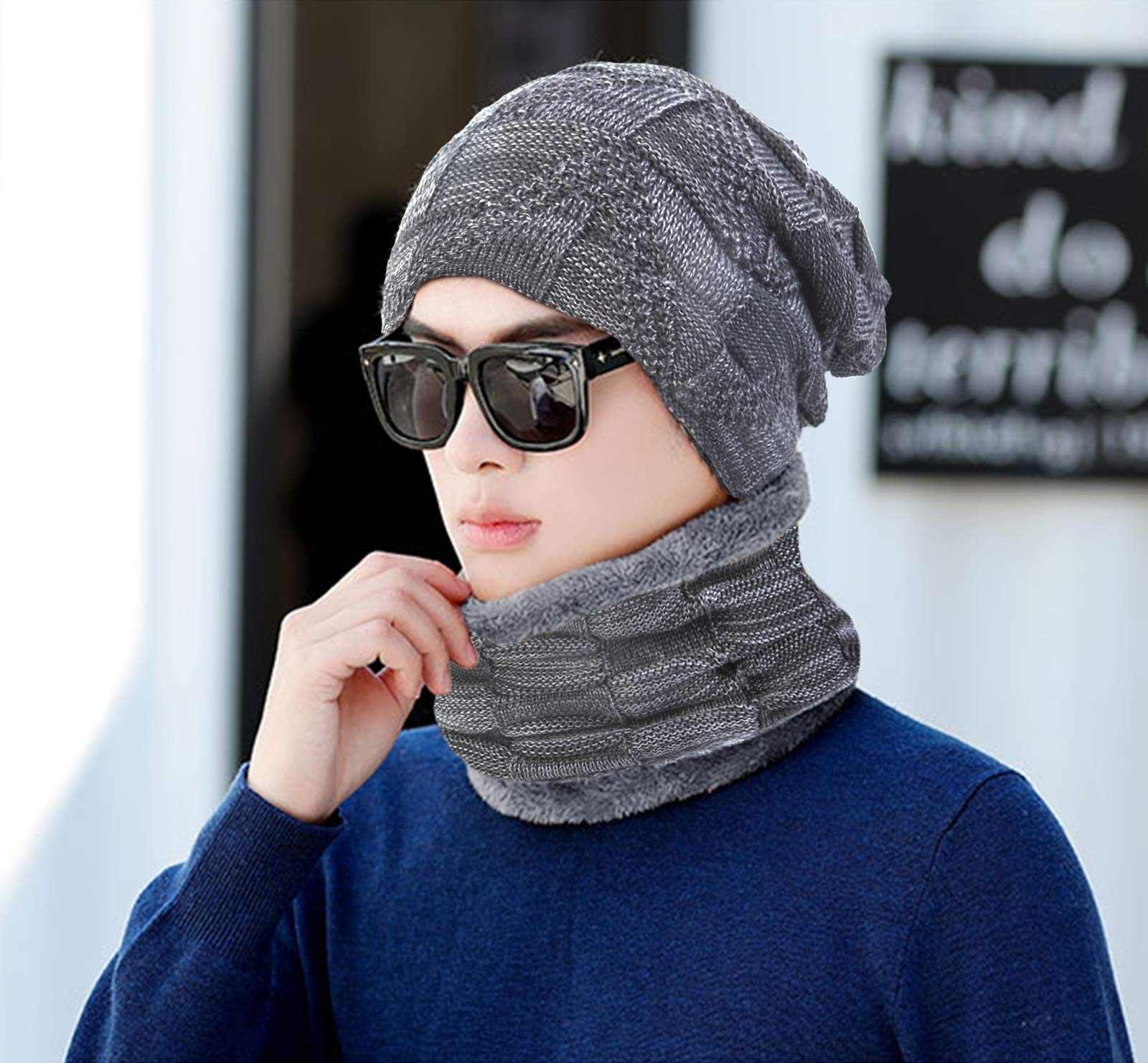 2 Pieces Winter Beanie Hat Scarf Set Thick Warm Knit Fleece Lined Skull Cap Scarves Gifts for Men,Y-Gray