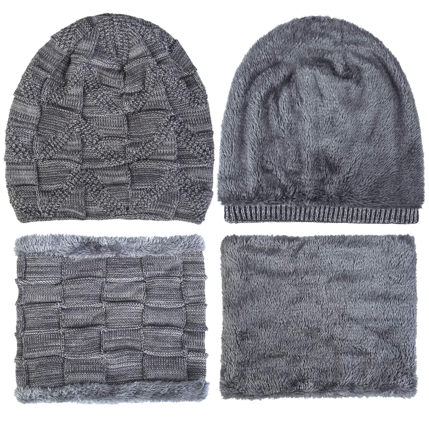 2 Pieces Winter Beanie Hat Scarf Set Thick Warm Knit Fleece Lined Skull Cap Scarves Gifts for Men,Y-Gray