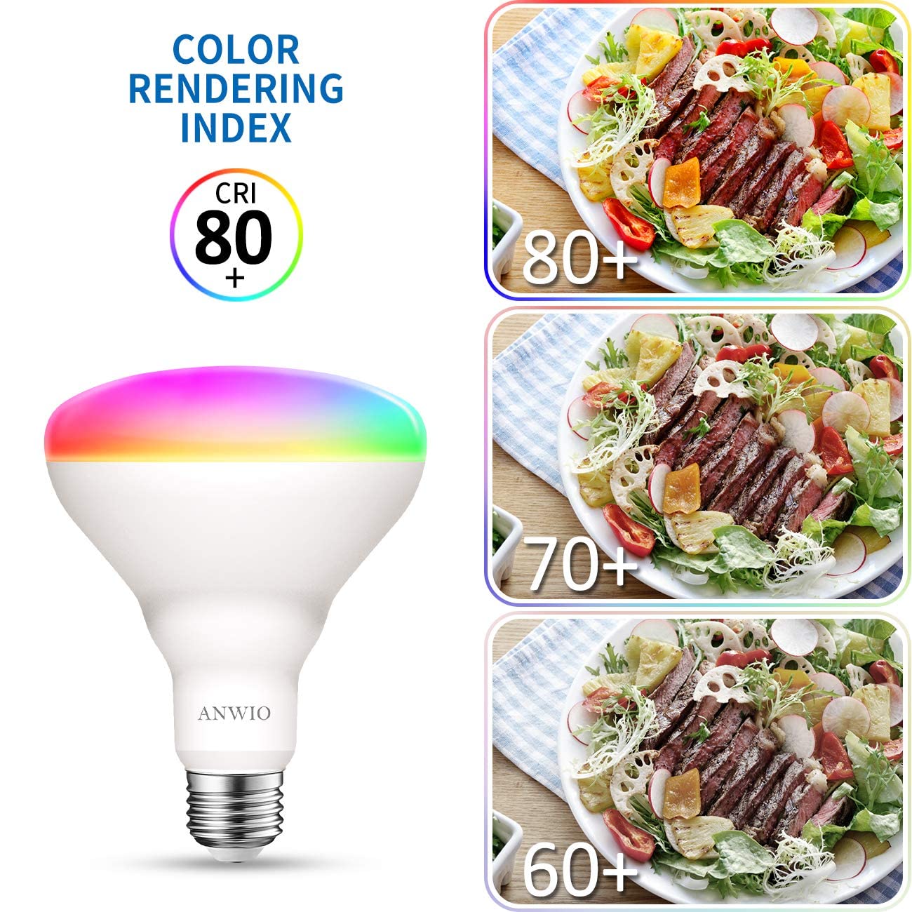 ANWIO Smart Light Bulb BR30 RGB Color Changing LED WiFi Dimmable Multicolor Light Bulbs E26 Base, Compatible with Alexa, Google Assistant, No Hub Required, 650 Lumen 8.5W (60W Equivalent) 4 Pack