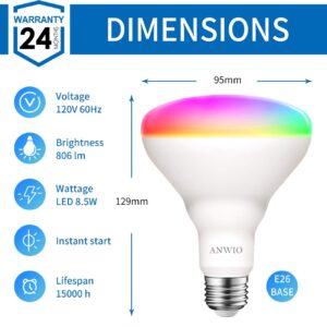 ANWIO Smart Light Bulb BR30 RGB Color Changing LED WiFi Dimmable Multicolor Light Bulbs E26 Base, Compatible with Alexa, Google Assistant, No Hub Required, 650 Lumen 8.5W (60W Equivalent) 4 Pack