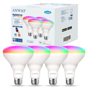 ANWIO Smart Light Bulb BR30 RGB Color Changing LED WiFi Dimmable Multicolor Light Bulbs E26 Base, Compatible with Alexa, Google Assistant, No Hub Required, 650 Lumen 8.5W (60W Equivalent) 4 Pack