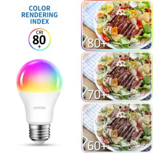 ANWIO 4-Pack Smart Light Bulbs 8.5W (60W Replacement) A19 E26 LED Bulb Work with Alexa, Google Assistant, Smart Life App, Tuya App, Color Changing, No Hub Required