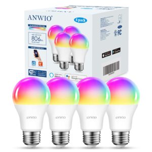 ANWIO 4-Pack Smart Light Bulbs 8.5W (60W Replacement) A19 E26 LED Bulb Work with Alexa, Google Assistant, Smart Life App, Tuya App, Color Changing, No Hub Required