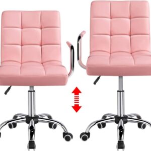 Yaheetech Desk Chairs with Wheels/Armrests Modern PU Leather Office Chair Height Adjustable Home Computer Executive Chair on Wheels 360° Swivel - Pink