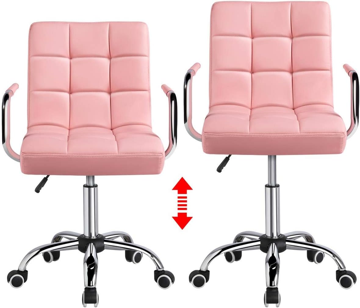 Yaheetech Desk Chairs with Wheels/Armrests Modern PU Leather Office Chair Height Adjustable Home Computer Executive Chair on Wheels 360° Swivel - Pink