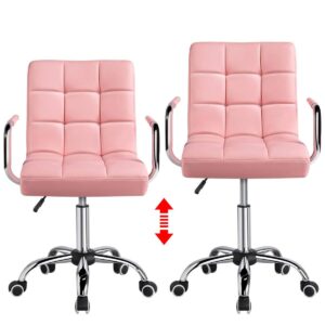 Yaheetech Desk Chairs with Wheels/Armrests Modern PU Leather Office Chair Height Adjustable Home Computer Executive Chair on Wheels 360° Swivel - Pink