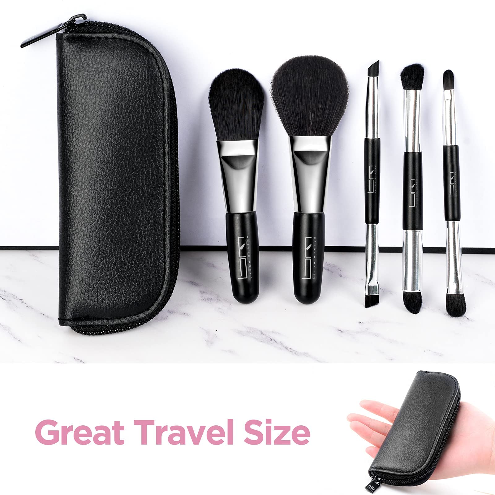 Brush Master Travel Makeup Brushes Set w/Pouch, 5PCS Double Ended Portable Mini Cosmetic Brushes Kit for Foundation, Eyeshadow, Lip, Blush Make Up Brushes Professional(Black)