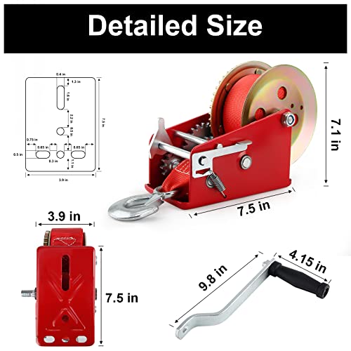 VZCY 3500 LBS Capacity Heavy Duty Hand Winch, 10m(32.8 ft) Nylon Strap 2 Gear Manual Crank Winch for ATV Boat Trailer Truck Auto, Red