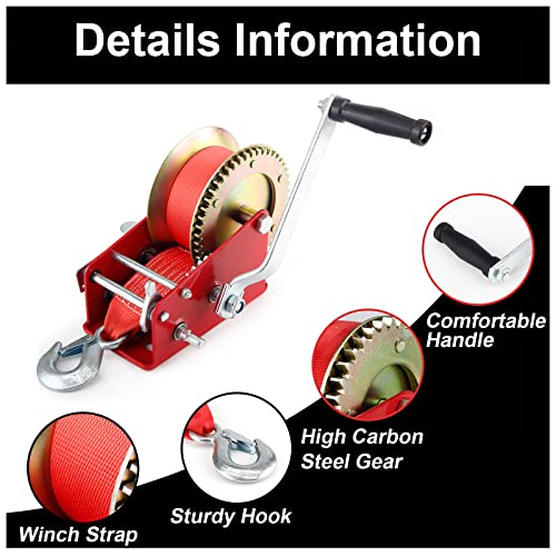 VZCY 3500 LBS Capacity Heavy Duty Hand Winch, 10m(32.8 ft) Nylon Strap 2 Gear Manual Crank Winch for ATV Boat Trailer Truck Auto, Red