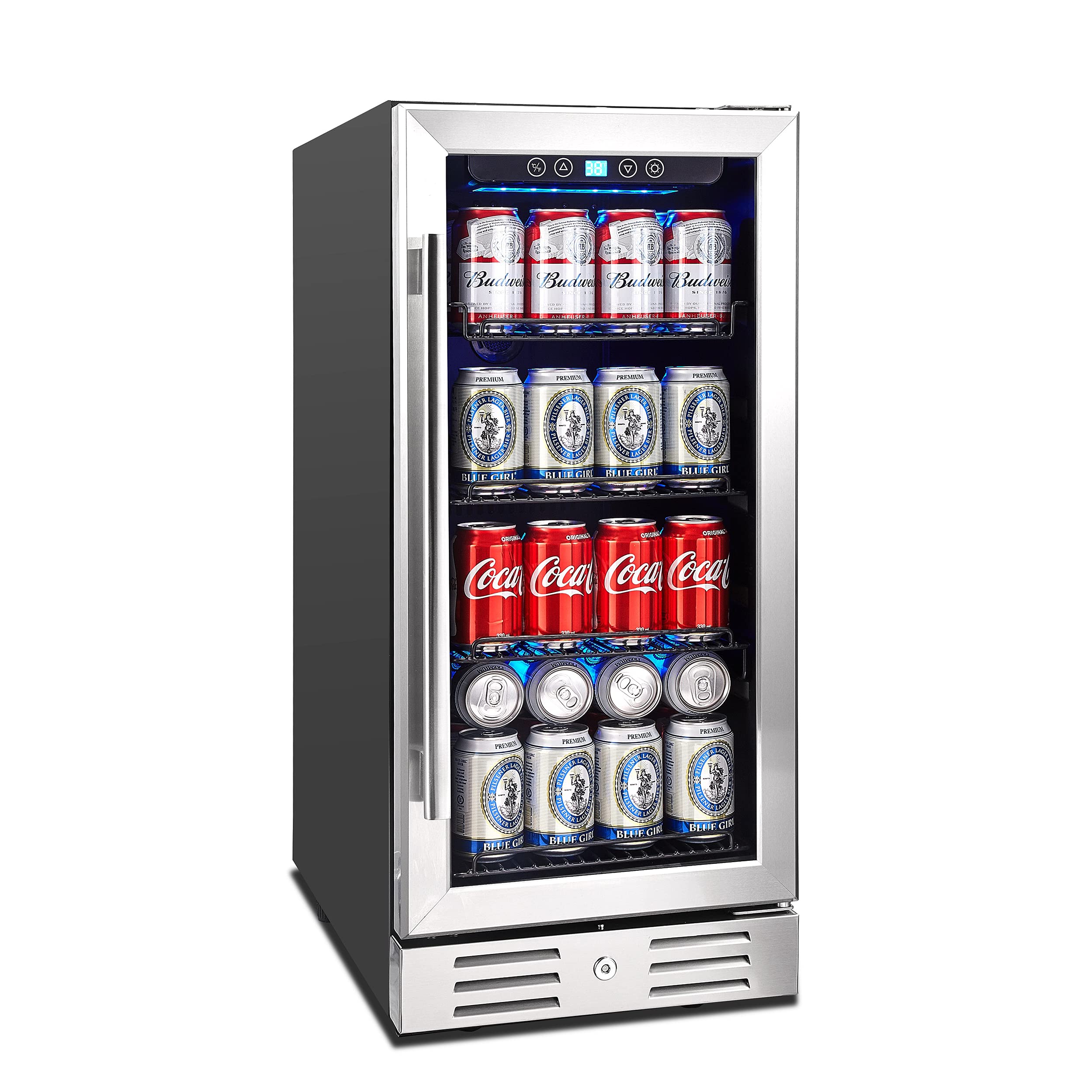 Kalamera 15” Beverage Cooler and Refrigerator Under Counter Built-in or Freestanding - 96 Cans Capacity Mini Fridge- for Soda, Water, Beer or Wine - For Kitchen or Bar with Blue Interior Light