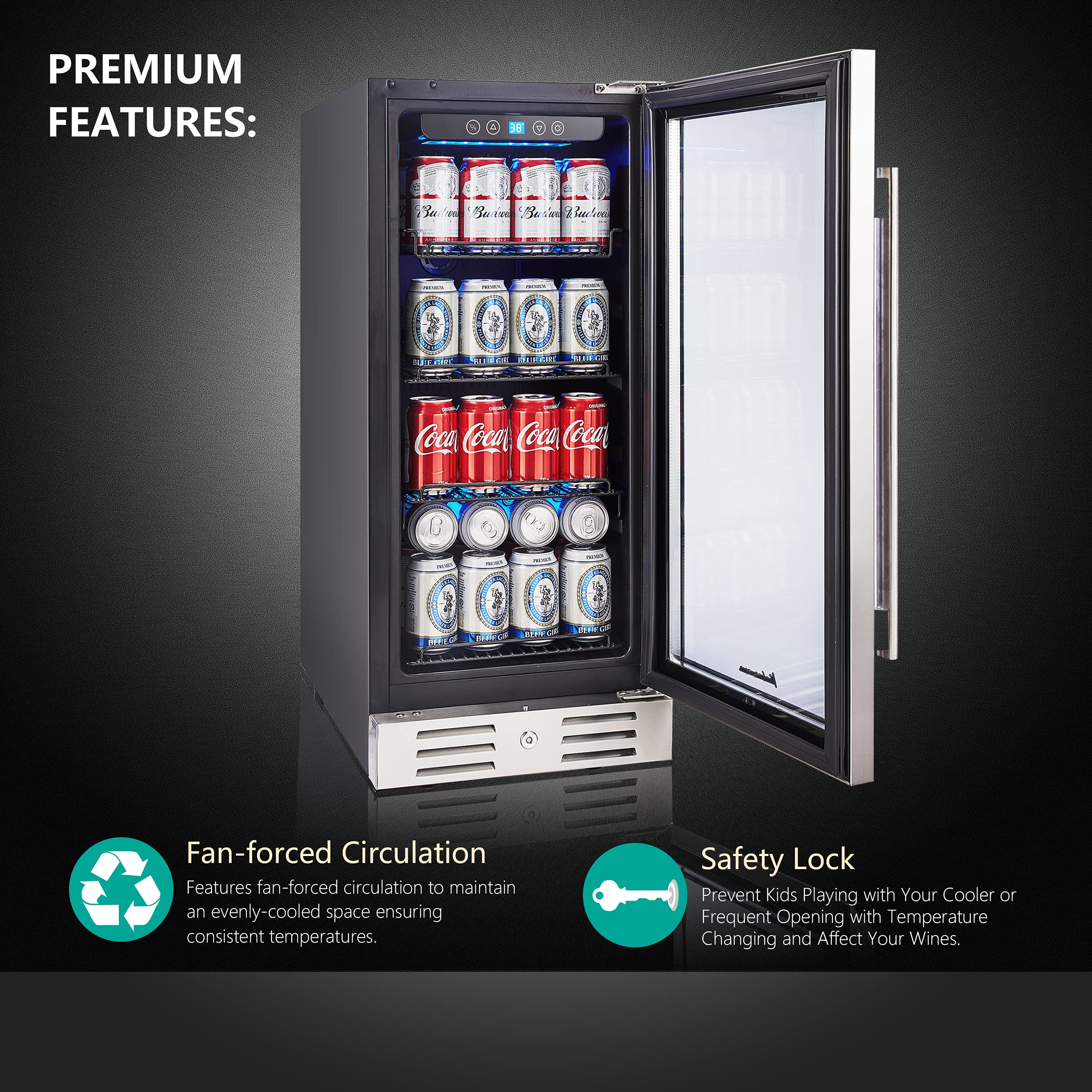 Kalamera 15” Beverage Cooler and Refrigerator Under Counter Built-in or Freestanding - 96 Cans Capacity Mini Fridge- for Soda, Water, Beer or Wine - For Kitchen or Bar with Blue Interior Light