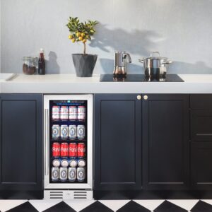 Kalamera 15” Beverage Cooler and Refrigerator Under Counter Built-in or Freestanding - 96 Cans Capacity Mini Fridge- for Soda, Water, Beer or Wine - For Kitchen or Bar with Blue Interior Light