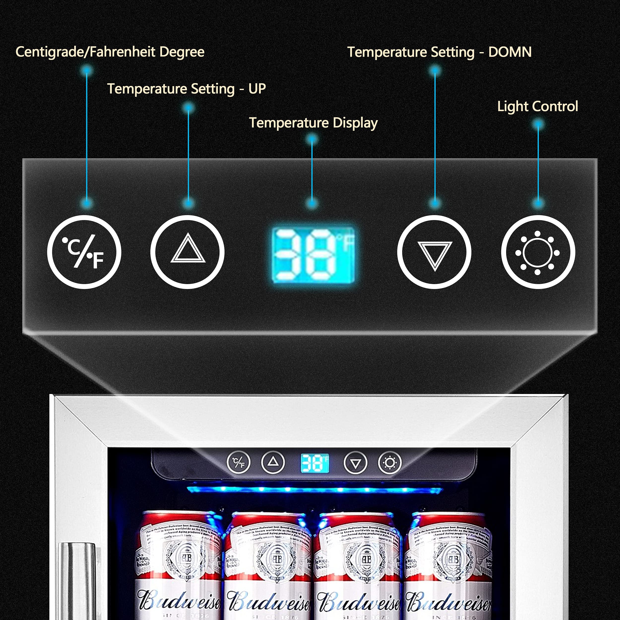 Kalamera 15” Beverage Cooler and Refrigerator Under Counter Built-in or Freestanding - 96 Cans Capacity Mini Fridge- for Soda, Water, Beer or Wine - For Kitchen or Bar with Blue Interior Light