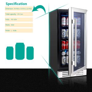 Kalamera 15” Beverage Cooler and Refrigerator Under Counter Built-in or Freestanding - 96 Cans Capacity Mini Fridge- for Soda, Water, Beer or Wine - For Kitchen or Bar with Blue Interior Light