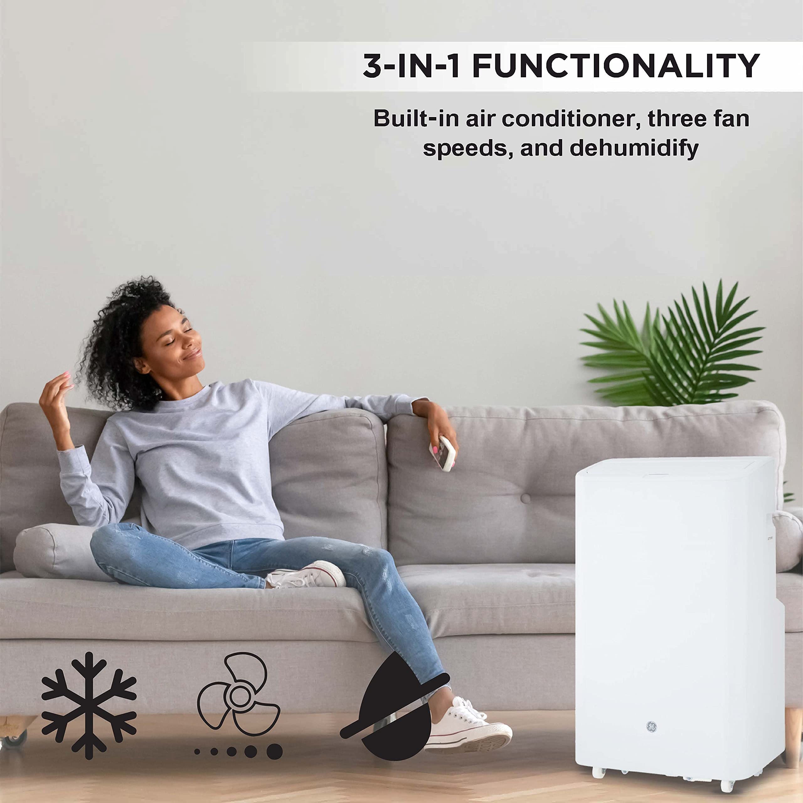 GE 3-in-1 Portable Smart Home Air Conditioner, Dehumidifier & Room Fan | 13,500 BTU | Easy Install Kit Included | Complete With Wifi & Auto-Evaporation Technology | Cools up to 550 Square Feet | 115V