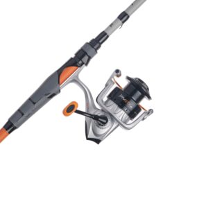 abu garcia 5’6” max pro fishing rod and reel spinning combo, 5+1 ball bearings with lightweight aluminum spool, 2-piece rod, orange