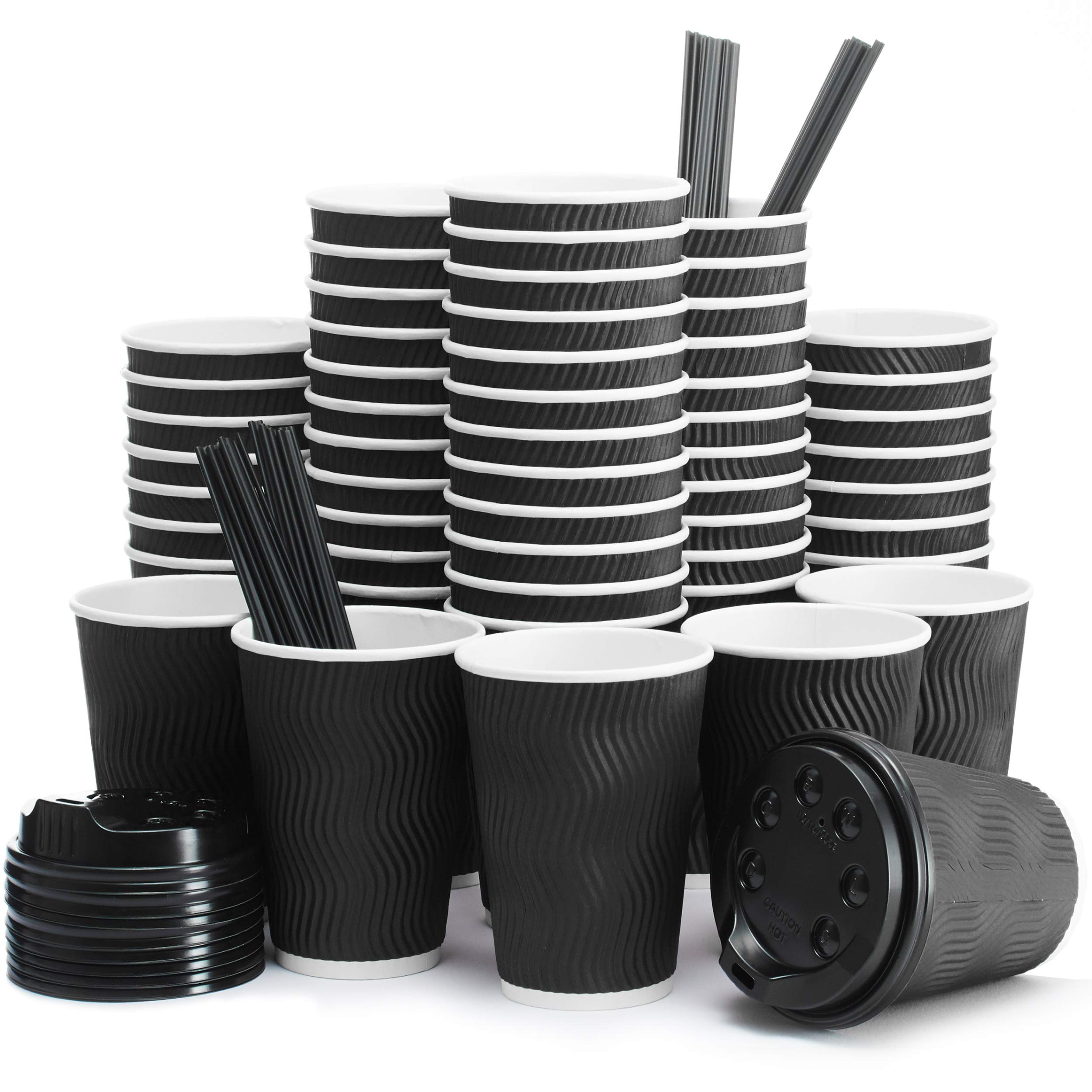 Primens Insulated Disposable Coffee Cups with Lids & Straws 12 oz, 100 Packs - Paper Cups for Hot Beverage Drinks To Go Tea Coffee Home Office Car Coffee Shop Party (Black)