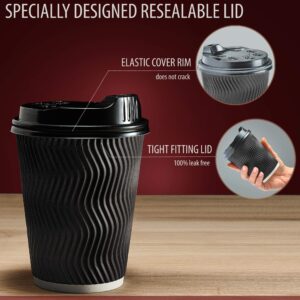 Primens Insulated Disposable Coffee Cups with Lids & Straws 12 oz, 100 Packs - Paper Cups for Hot Beverage Drinks To Go Tea Coffee Home Office Car Coffee Shop Party (Black)