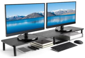 husky mounts large dual monitor stand riser, adjustable legs, 39" x 9.25" x 5.5" max height, matte black steel