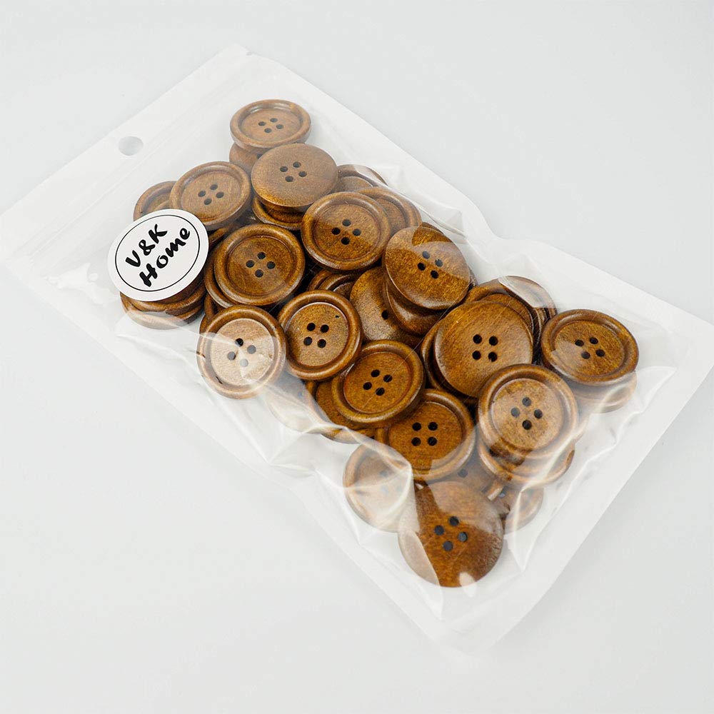 50 Pcs 1 inch Wooden Buttons, 25mm Premium Buttons for Sewing Craft Clothing, Brown Color, Natural Chestnut Made, 4 Hole