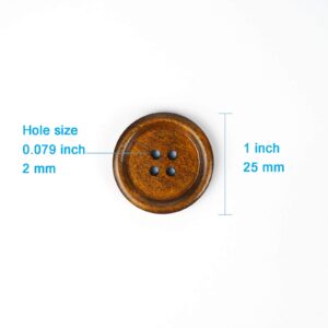 50 Pcs 1 inch Wooden Buttons, 25mm Premium Buttons for Sewing Craft Clothing, Brown Color, Natural Chestnut Made, 4 Hole