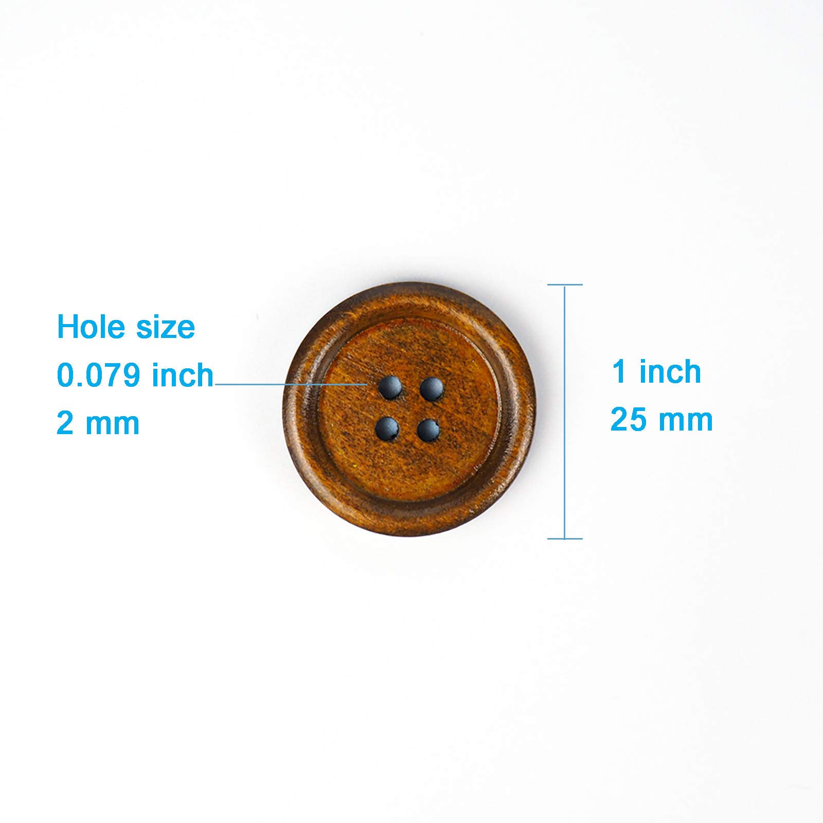 50 Pcs 1 inch Wooden Buttons, 25mm Premium Buttons for Sewing Craft Clothing, Brown Color, Natural Chestnut Made, 4 Hole