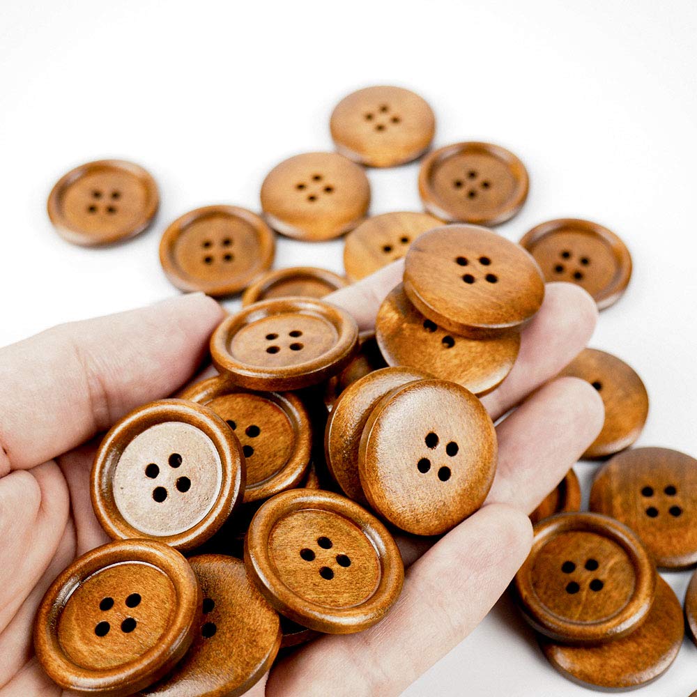 50 Pcs 1 inch Wooden Buttons, 25mm Premium Buttons for Sewing Craft Clothing, Brown Color, Natural Chestnut Made, 4 Hole