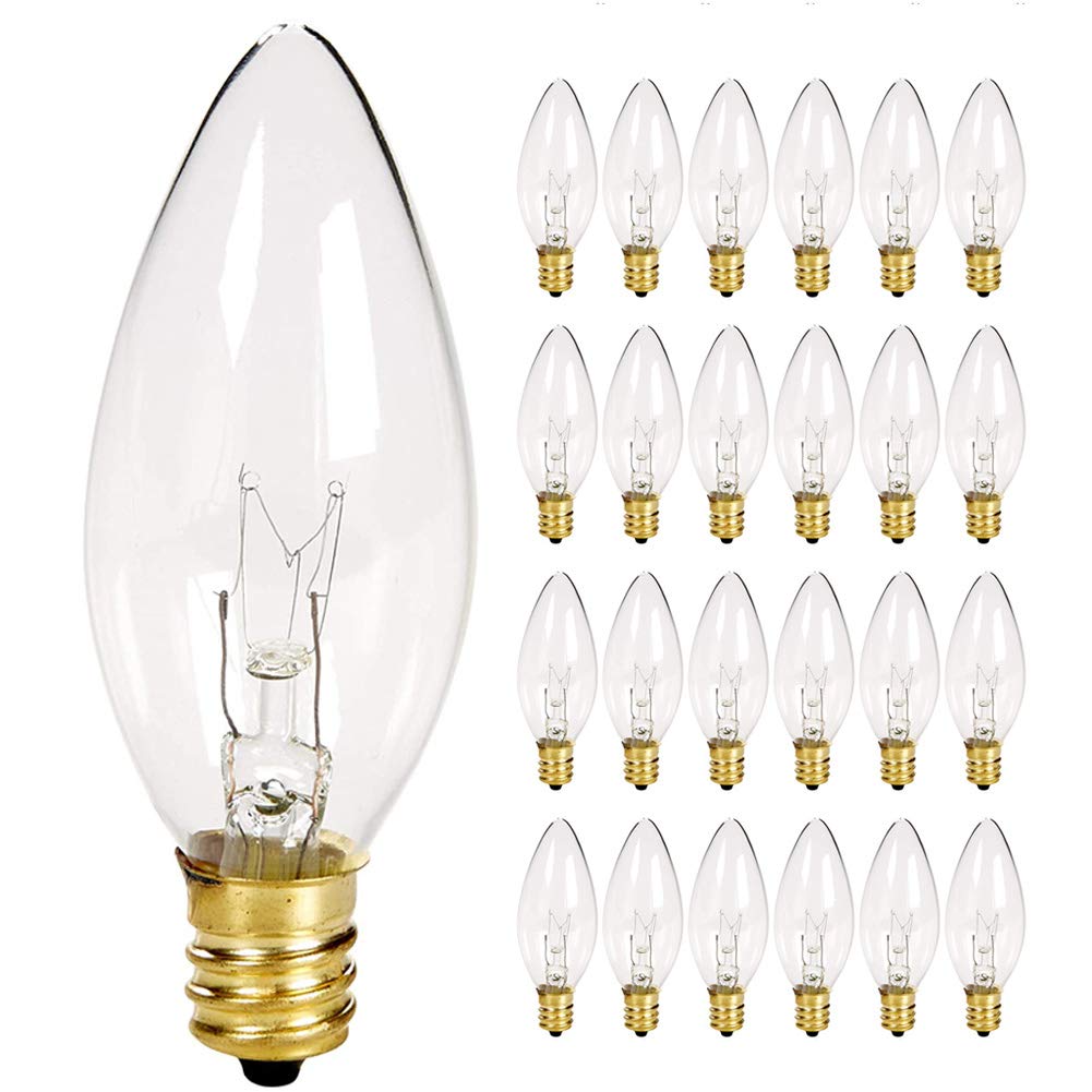 25 Pack Clear Torpedo Tip Replacement Bulbs, Replacement Light Bulbs for Electric Candle Lamps, Window Candles, Chandeliers- Clear Incandescent E12 Candelabra Base Light Bulbs- 120V 7 Watts Bulbs