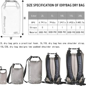 IDRYBAG Clear Dry Bag Waterproof Floating 2L/5L/10L/15L/20L, Lightweight Dry Sack Water Sports, Marine Waterproof Bag Roll Top for Kayaking, Boating, Canoeing, Swimming, Hiking, Camping, Rafting