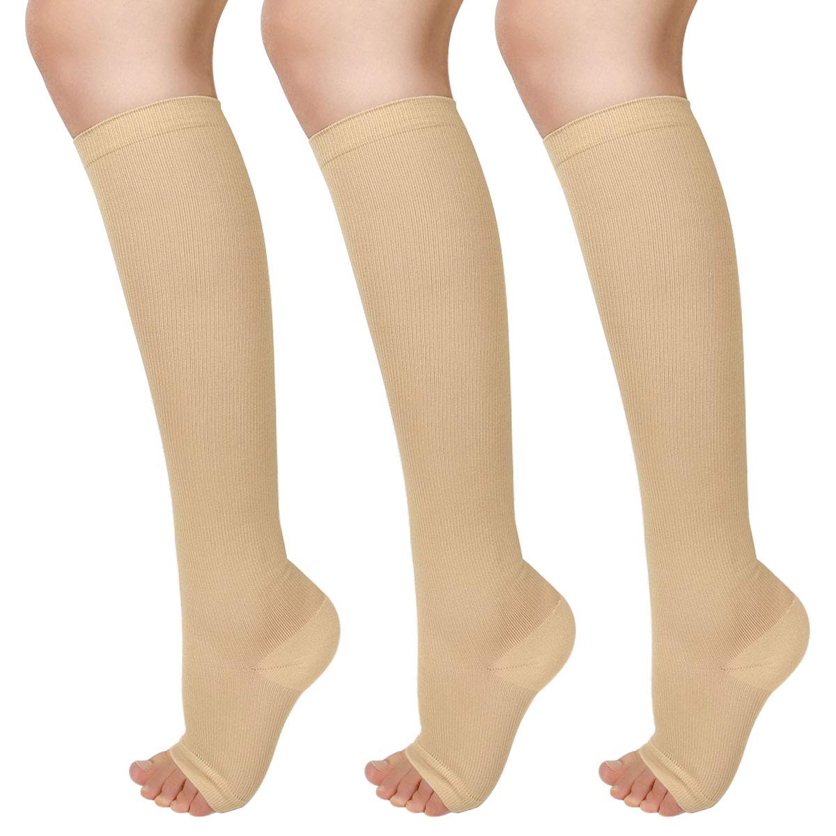 3 Pairs Open Toe Compression Socks Women Knee High Toeless 15-25 mmHg