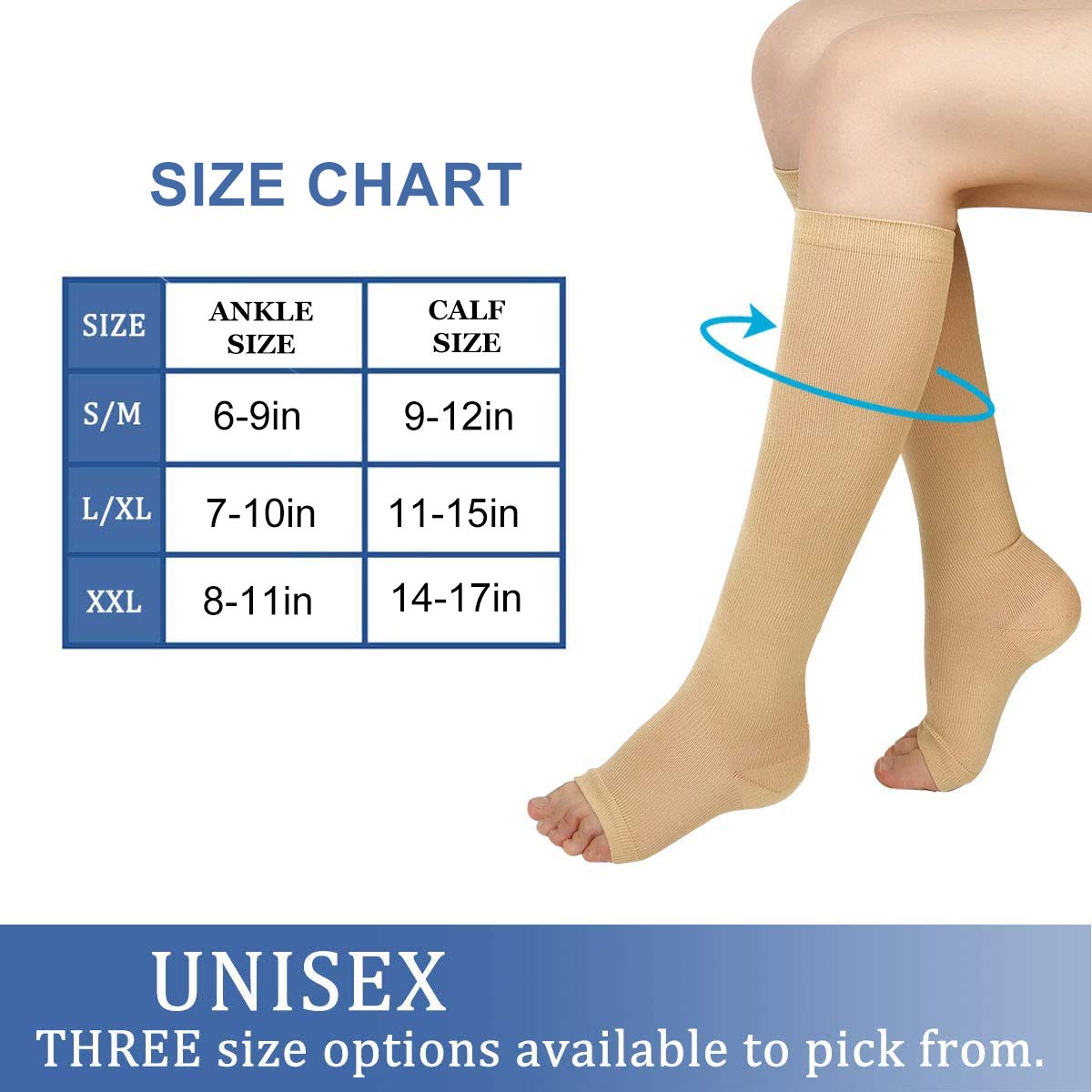 3 Pairs Open Toe Compression Socks Women Knee High Toeless 15-25 mmHg