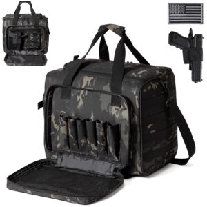 dbtac gun range bag large | tactical 4+ pistol shooting range duffle bag for handguns and ammo with 2x removable hook & loop divider for dslr | us flag patch + universal holster included (black camo)