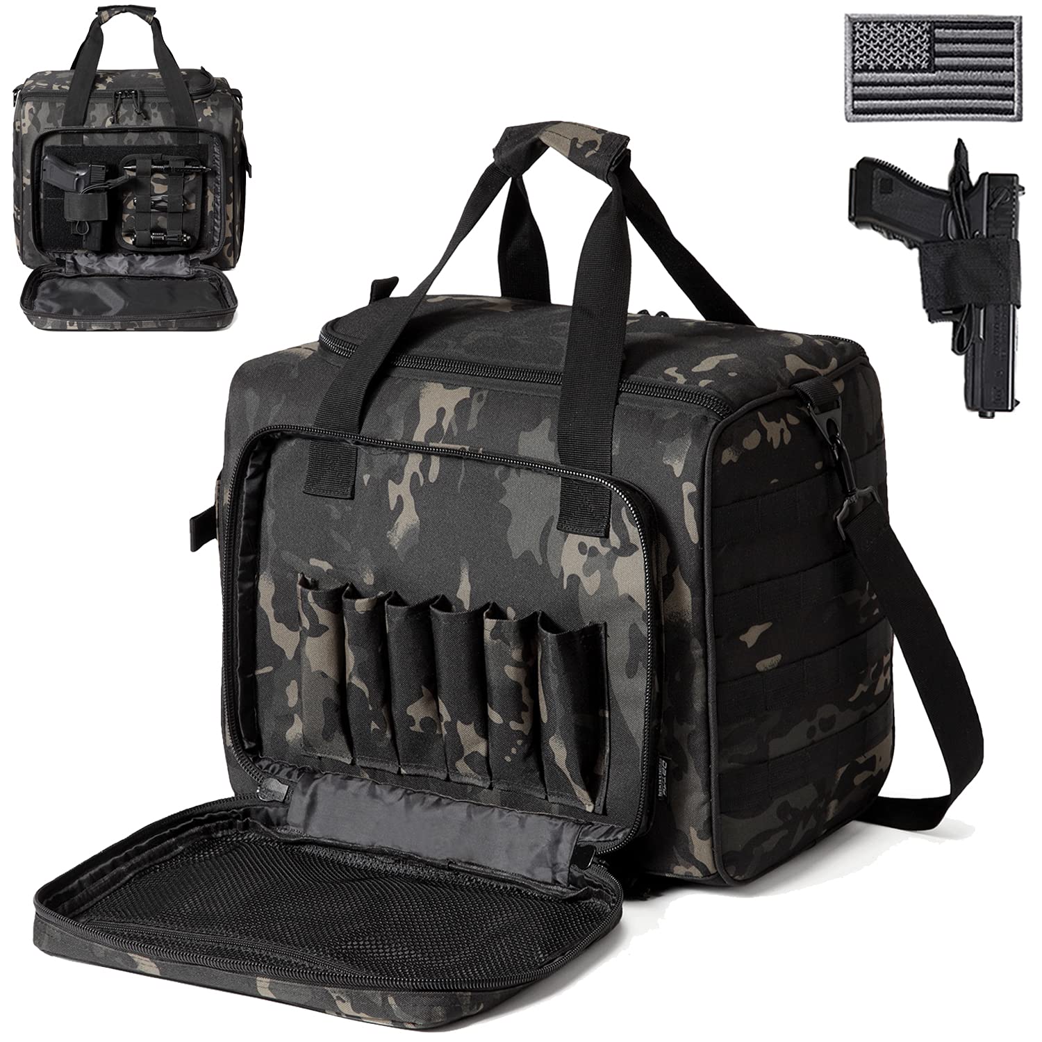 DBTAC Gun Range Bag Large | Tactical 4+ Pistol Shooting Range Duffle Bag for Handguns and Ammo with 2X Removable Hook & Loop Divider for DSLR | US Flag Patch + Universal Holster Included (Black Camo)